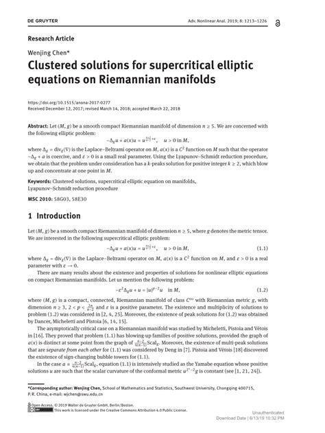 Pdf Clustered Solutions For Supercritical Elliptic Equations On Riemannian Manifolds
