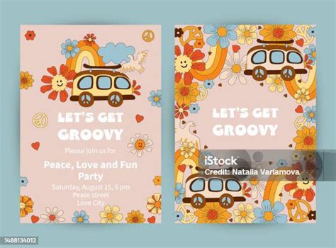 데이지 꽃 복고풍 자동차 무지개가 있는 템플릿은 그루비 파티 생일 초대장 전단지 복고풍 포스터를 위한 것입니다 텍스트를 위한 공간입니다 벡터 그림 집합입니다 1960