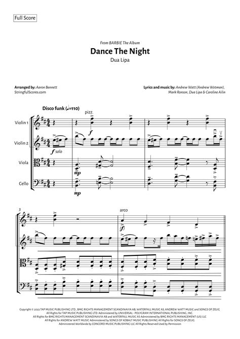 Dance The Night Arr Aaron Bennett By Dua Lipa Sheet Music For String