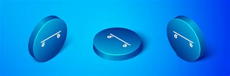 파란색 배경에 격리 된 등각 칭색 롱 보드 또는 스케이트 보드 순양함 아이콘 익스트림 스포츠 스포츠 장비 파란색 원 버튼입니다 벡터 일러스트레이션 3차원 형태에 대한 스톡