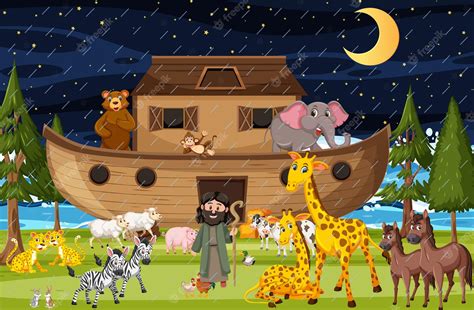 Cena Da Floresta Com A Arca De Noé Com Animais Vetor Premium