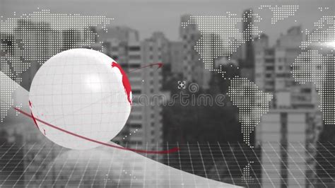 Globe With Red Lines And World Map Animation Over Cityscape Background