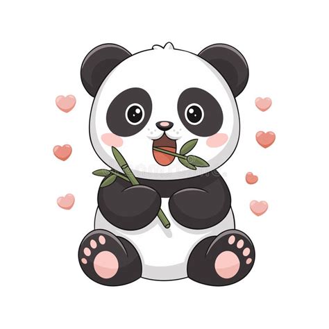 Cute Panda Eating Bamboo Surrounded By Hearts Vector Illustration Stock