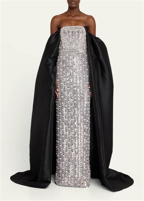 Pamella Roland Crystal Embellished Tulle Gown With Pique Mikado Cape