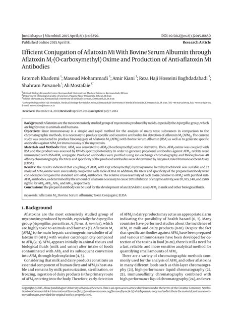 Pdf Efficient Conjugation Of Aflatoxin M1 With Bovine Serum Albumin Through Aflatoxin M1 O