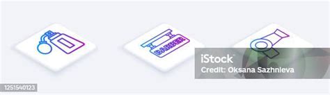 분무기 이발소 및 헤어 드라이어와 이소메트릭 라인 애프터면도 병을 설정합니다 흰색 정사각형 버튼 벡터 3차원 형태에 대한 스톡