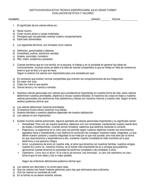 Evaluacion Etica Sexto Y Valores Sexto Grado Felicidad Amor