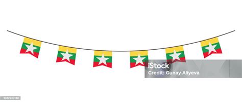 미얀마 국기의 색상에 멧 새 장식입니다 화 환 축 하 축제 카니발 파티에 대 한 밧줄에 페 넌 트 8 월 18 일 미얀마의 국경일에 대 한 국가 관광명소에 대한 스톡 벡터