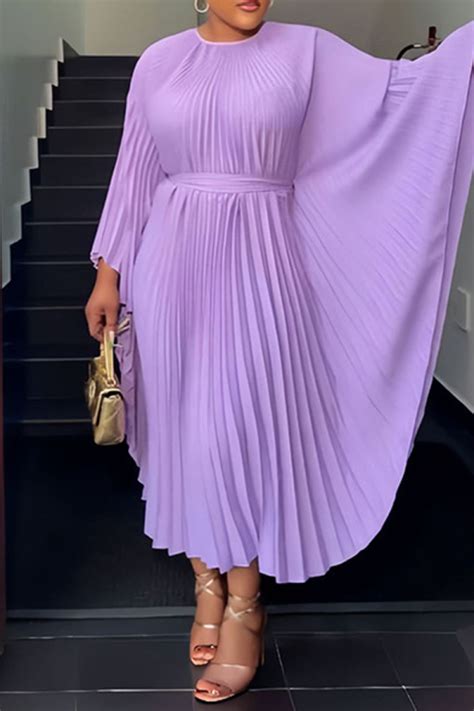 Wholesale Milky Casual O Neck Batwing Sleeve Plus Size Vacation Pleated