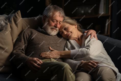 Premium Photo Mature Couple Cuddling On Comfortable Sofa At Home
