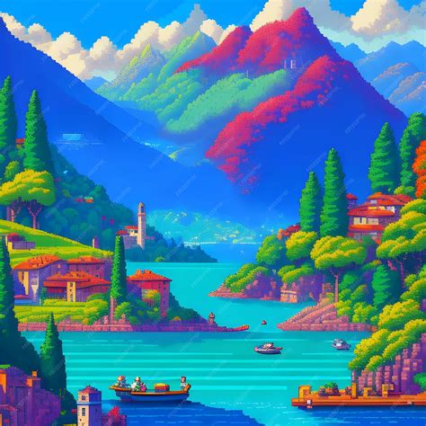 Premium Ai Image Lake Side View Pixel Art Colorful Wallpaper