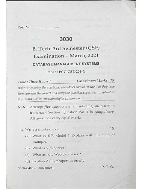 2021 Btech 3rd Semester Database Management Systems Pdf