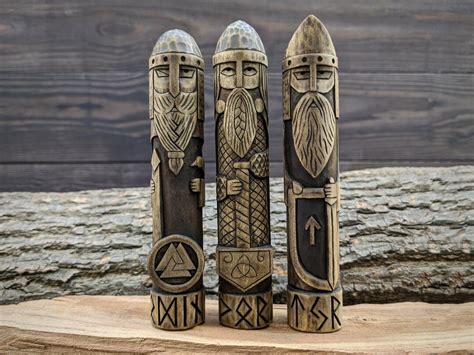 Scandinavian Gods Set Odin Thor Tyr Wooden Gods Sculpture Norse