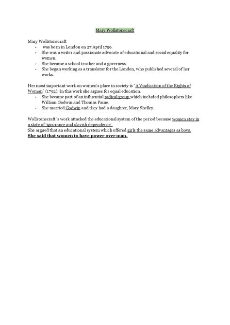 Mary Wallstonecrafth Schemi E Mappe Concettuali Di Inglese Docsity