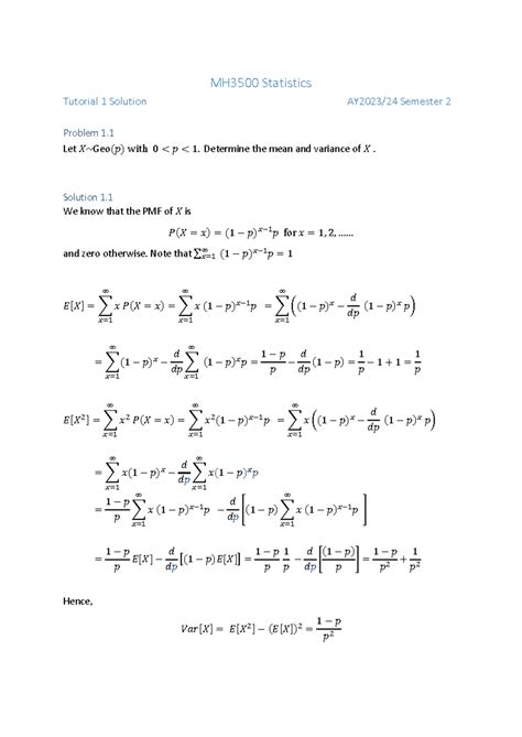 Mh3500 Tutorial 01 Solution Mh3500 Statistics Tutorial 1 Solution