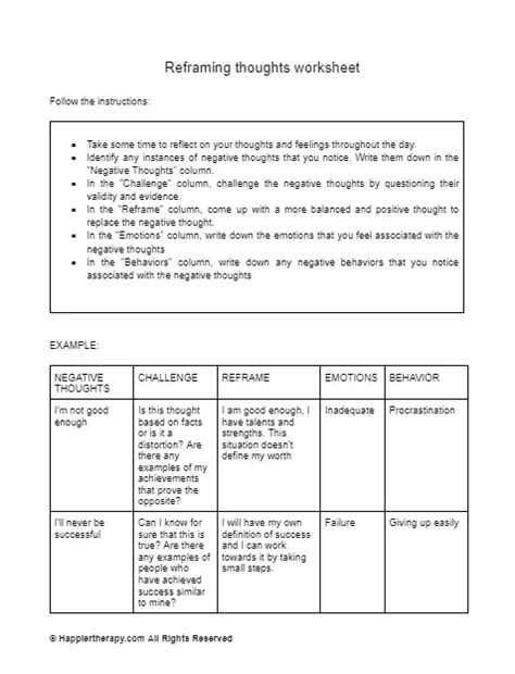 Reframing Thoughts Worksheet Happiertherapy