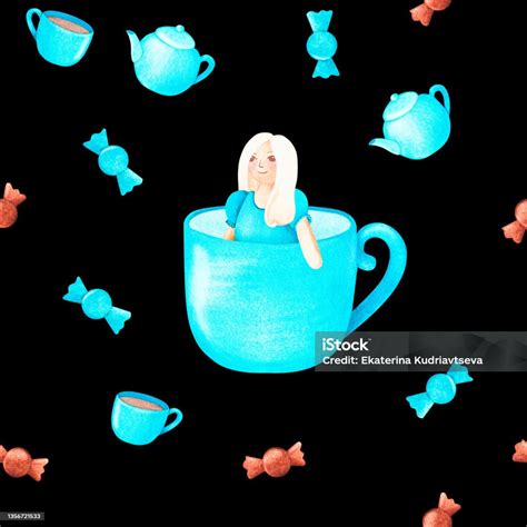 인형과 매끄러운 패턴 검은 색 배경에 수채화 빈티지 일러스트 당신의 디자인에 대한 0명에 대한 스톡 벡터 아트 및 기타 이미지 0명 고등학교 이하 공주 Istock