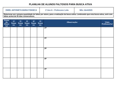 Planilha De Alunos Faltosos Para Busca Ativa Pdf