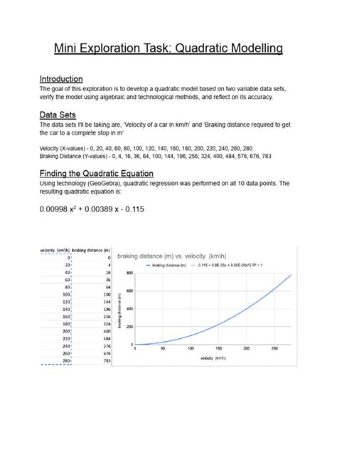 Mini Exploration Task Quadratic Modelling Pdf Quadratic Equation