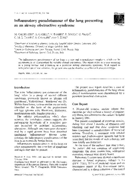Pdf Inflammatory Pseudotumour Of The Lung Presenting As An Airway Obstructive Syndrome