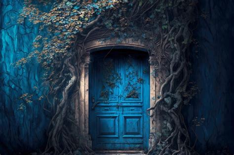 나뭇가지와 잎으로 무성한 출입구가 있는 파란 문 프리미엄 사진