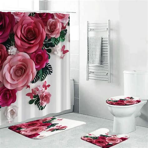 Customized Rose Flowers Waterproof Shower Curtain 4pcs Set