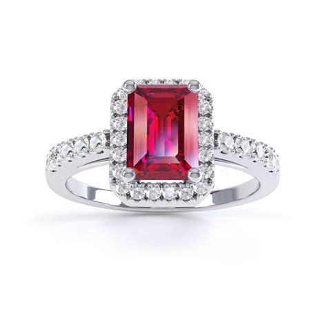 Princess Ruby Emerald Cut Diamond Halo 18k White Gold Engagement Ring