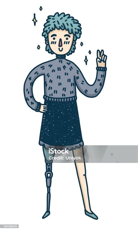 장애인 어린 소녀와 디자인 배너 의족을 가진 귀여운 만화 여자입니다 신체 긍정적 인 포스터 또는 배너에 대한 행복한 캐릭터