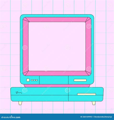 Retrowave Y2k Pc An Old Computer With A Crt Monitor On A Grid Background Stock Vector