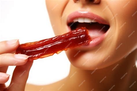 Premium Ai Image Close Up Of A Womans Mouth Eating Beef Jerky