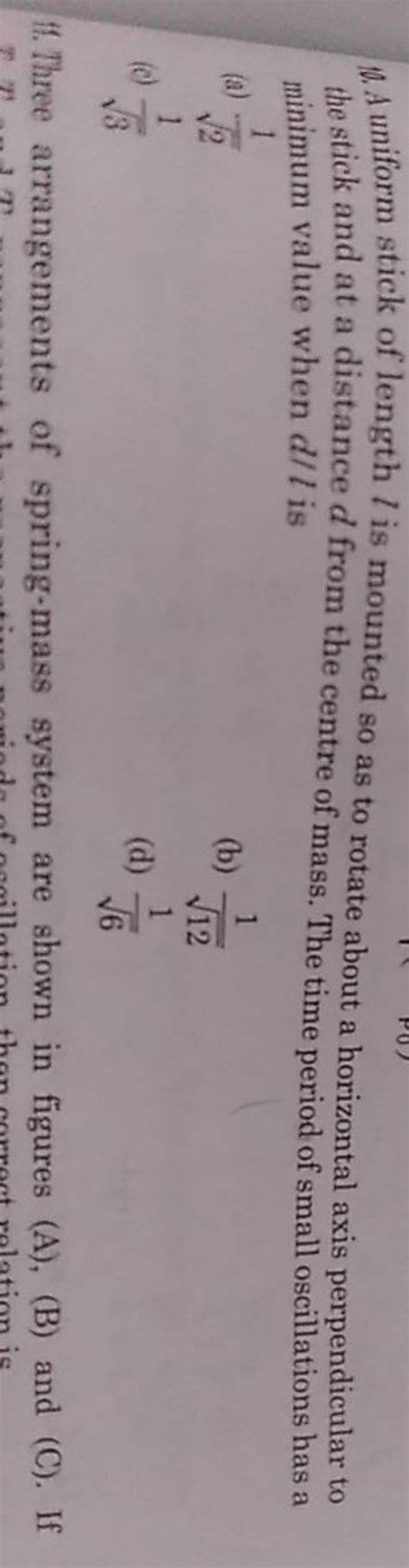 A Uniform Stick Of Length L Is Mounted So As To Rotate About A Horizontal