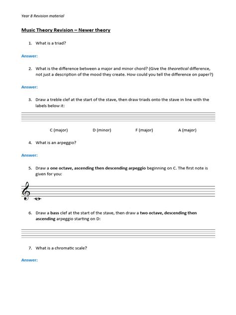 Year 8 Newer Theory And Notation Exercise Pdf Chord Music Scale