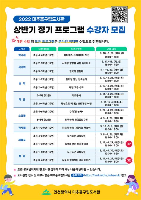 인천 미추홀구립도서관 2022년 상반기 프로그램 수강자 모집