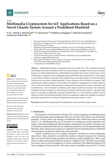 Pdf Multimedia Cryptosystem For Iot Applications Based On A Novel Chaotic System Around A