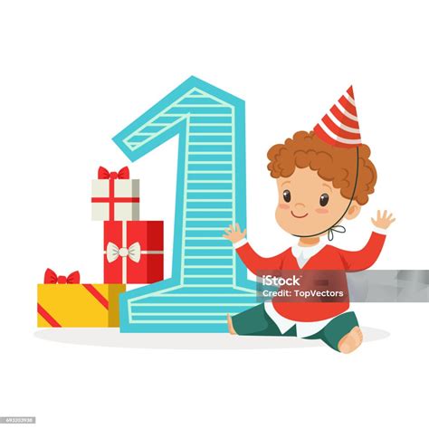 행복 한 아기 소년 그의 첫 번째 생일을 축 하입니다 아이 들 생일 파티 화려한 만화 캐릭터 벡터 일러스트 레이 션 2015년에