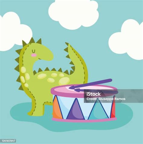작은 아이들이 만화 작은 공룡과 드럼 뮤지컬을 재생하는 장난감 개체 0명에 대한 스톡 벡터 아트 및 기타 이미지 0명 공룡 교육 Istock