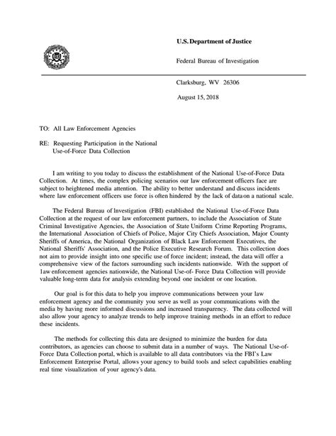 Fbi Letter Requesting Participation In The National Use Of Force Data