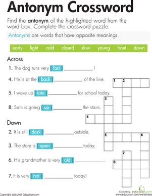Antonym Crossword Worksheet Education
