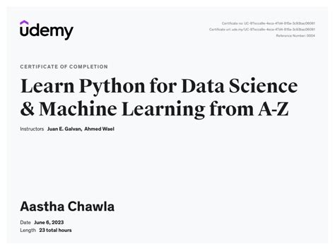 Successfully Completed Python For Data Science And Machine Learning Course From Udemy Aastha Chawla
