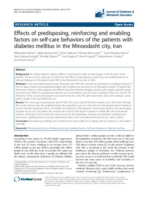 Pdf Effects Of Predisposing Reinforcing And Enabling Factors On Self Care Behaviors Of The