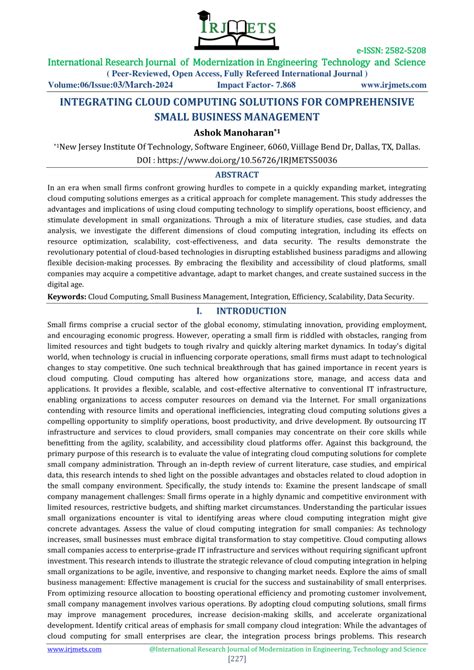 Pdf Integrating Cloud Computing Solutions For Comprehensive Small Business Management
