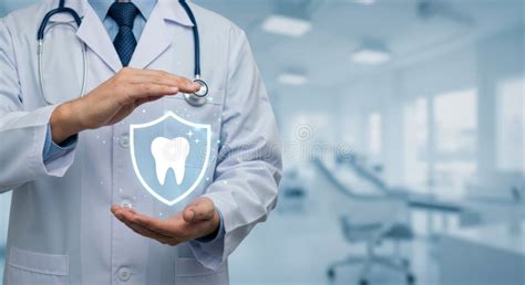 Doctor In Lab Coat Holding Shield With Tooth Icon Symbolizing Dental Protection And Oral