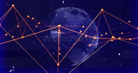 Image Of Connected Dots And Computer Language Over Globe Against Black Background Stock