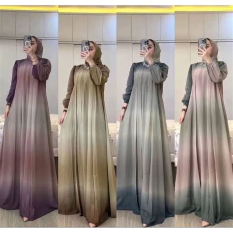 Jual Viona Gamis Set Hijab Segi Empat Gamis Gradasi Ceruty Gamis Lebaran Terbaru Kekinian