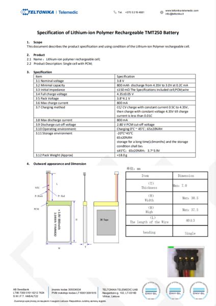 Specification Of Tmt250 Battery Teltonika Telematics Wiki