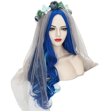 Bride Wig For Corpse Costume Long Blue Mix Sky Blue Wavy