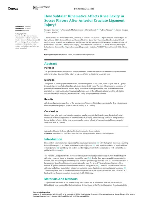 Pdf How Subtalar Kinematics Affects Knee Laxity In Soccer Players After Anterior Cruciate