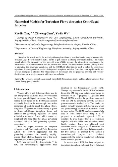 Pdf Numerical Models For Turbulent Flows Through A Centrifugal Impeller