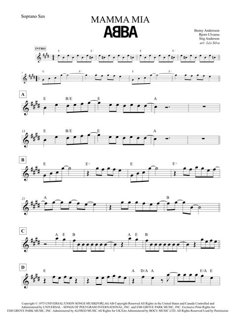 Mamma Mia Arr Leo Silva By Abba Sheet Music For Soprano Sax Solo At