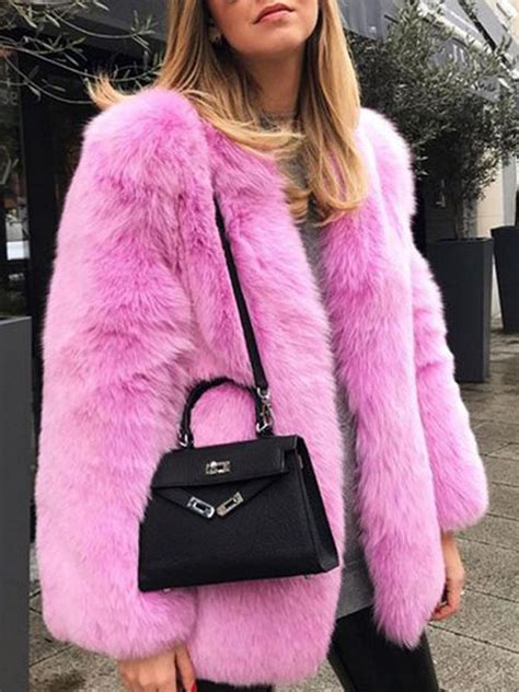 Pink Patchwork Faux Fur Collarless Long Sleeve Fashion Fluffy Coat